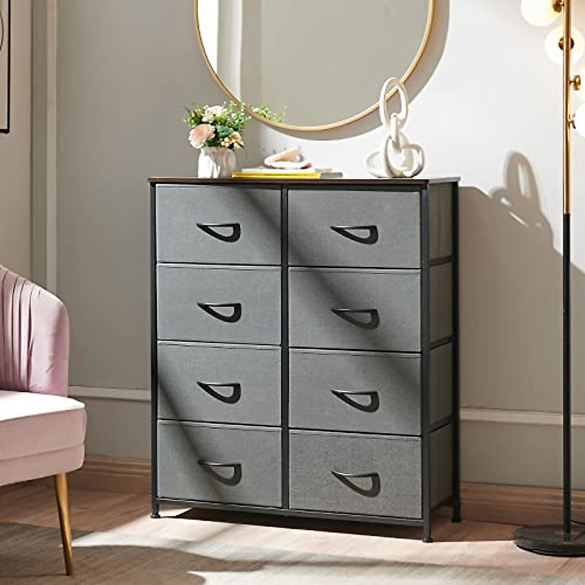 Somdot Dresser for Bedroom with 8 Drawers, 4-Tier Wide Storage Chest of Drawers with Removable Fabric Bins for Closet Nursery Bedside Living Room Laundry Entryway Hallway, Charcoal Grey/Dark Walnut