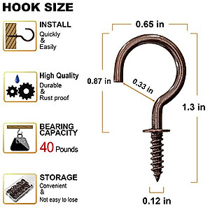 EIENHOSHI 7/8'' Rubbed Bronze Cup Hooks - Pack of 60, Screw-in Hooks for Hanging Stuff, Small Ceiling Hooks Great for Indoor-Outdoor Use