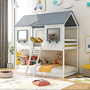 Lepfun Bunk Bed,Twin Over Twin Size Bunk Bed Wood Bed with House-Shaped Roof and Window for Bedroom,Guest Room and Dorm,Wooden Bunk Bed with Guardrail and Ladder,No Box Spring Needed,White