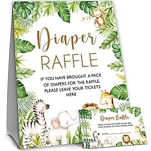 Yuzioey Safari Diaper Raffle Tickets and Sign, Jungle Animals Baby Shower Game Cards, 1 Standing Sign & 50 Tickets, Diaper Raffle Tickets for Safari Gender Neutral Baby Shower