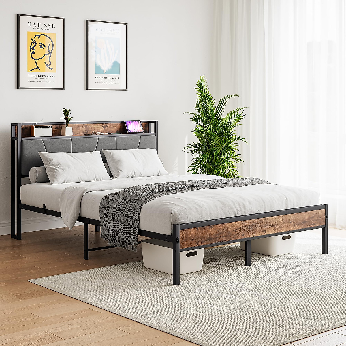 BOFENG Queen Size Bed Frame with Storage Headboard/Charging Station,Heavy Duty Metal Upholstered Platform Bed Frames Queen Size with Storage No Box Spring Needed,Strong Metal Slats,Noise Free,Brown