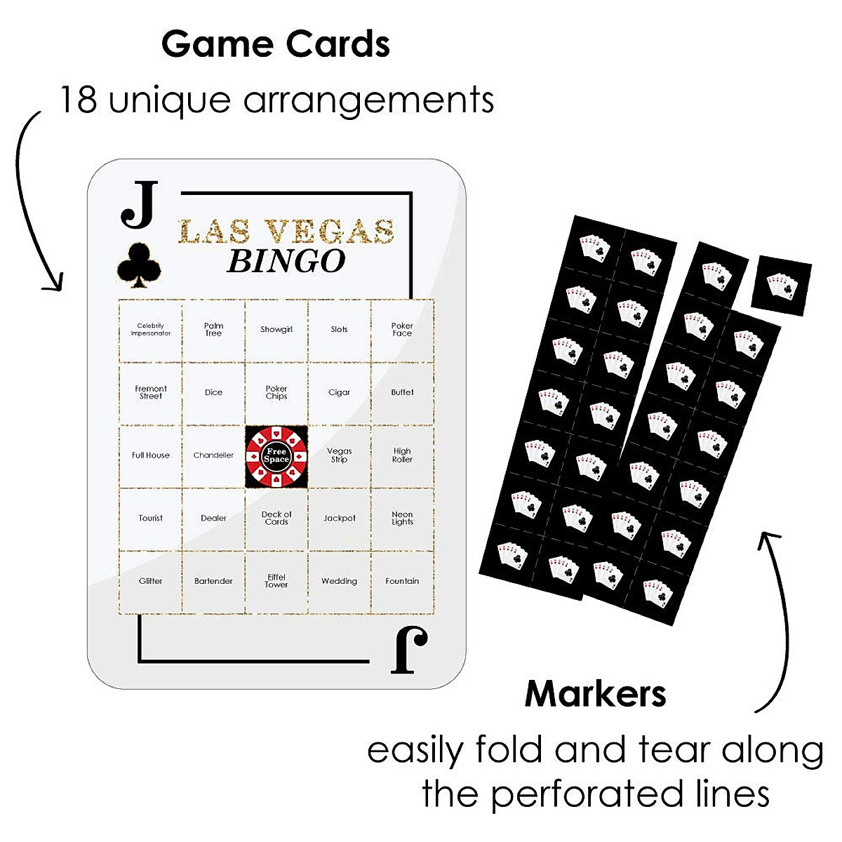 Big Dot of Happiness Las Vegas - Bar Bingo Cards and Markers - Casino Party Bingo Game - Set of 18