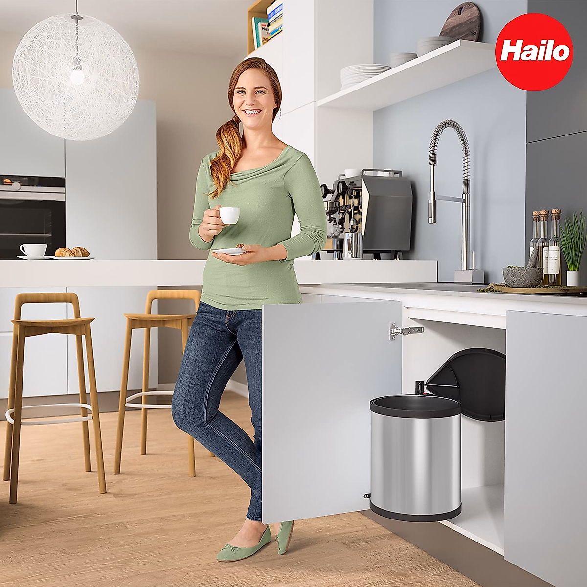 Hailo Compact-Box M Built-in Pull-Out Waste bin | 1 x 15 liters / 4.0 gallons | Lid Lift System | for hinged Door Base cabinets from 15.7 in | Stainless Steel | Made in Germany