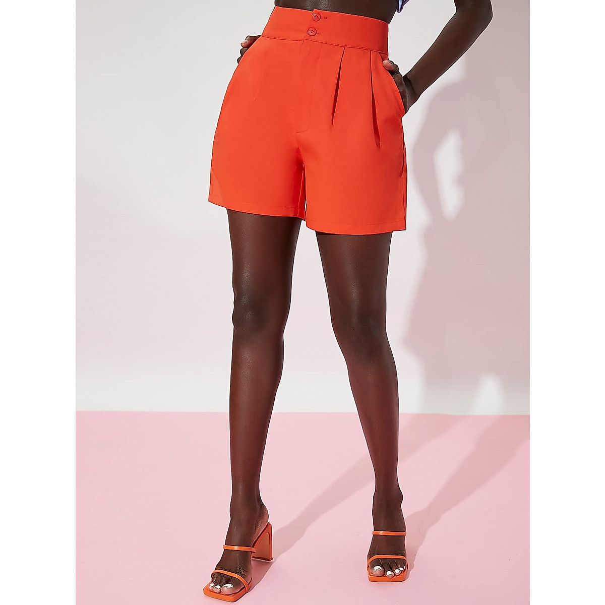Floerns Women's Casual High Waisted Wide Leg Pleated Dressy Summer Workwear Shorts with Pockets Orange