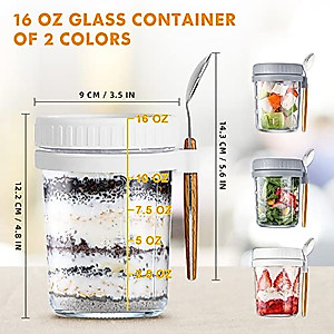 Overnight Oats Containers with Lids and Spoon, 4 Pack Mason Jars for Overnight Oats, 16 Oz Overnight Oats Jars Glass Oatmeal Container to Go for Chia Pudding Yogurt Salad Cereal Meal Prep Jars (White x 2,Grey x 2)
