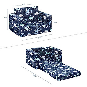 Ulax Furniture Children Sofa Chair Kids FILP-Out Chair Convertible Sofa to Sleeper Couch (Navy Dinosaur)