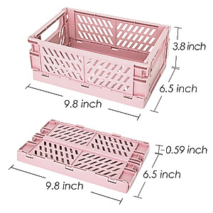 Xuanmuque 5-Pack Collapsible Plastic Storage Baskets for Organizing with Handle, Crate Bin for Desk Bedroom Office Bedroom, 9.8''L x 6.5''W x 3.8''H, Pink
