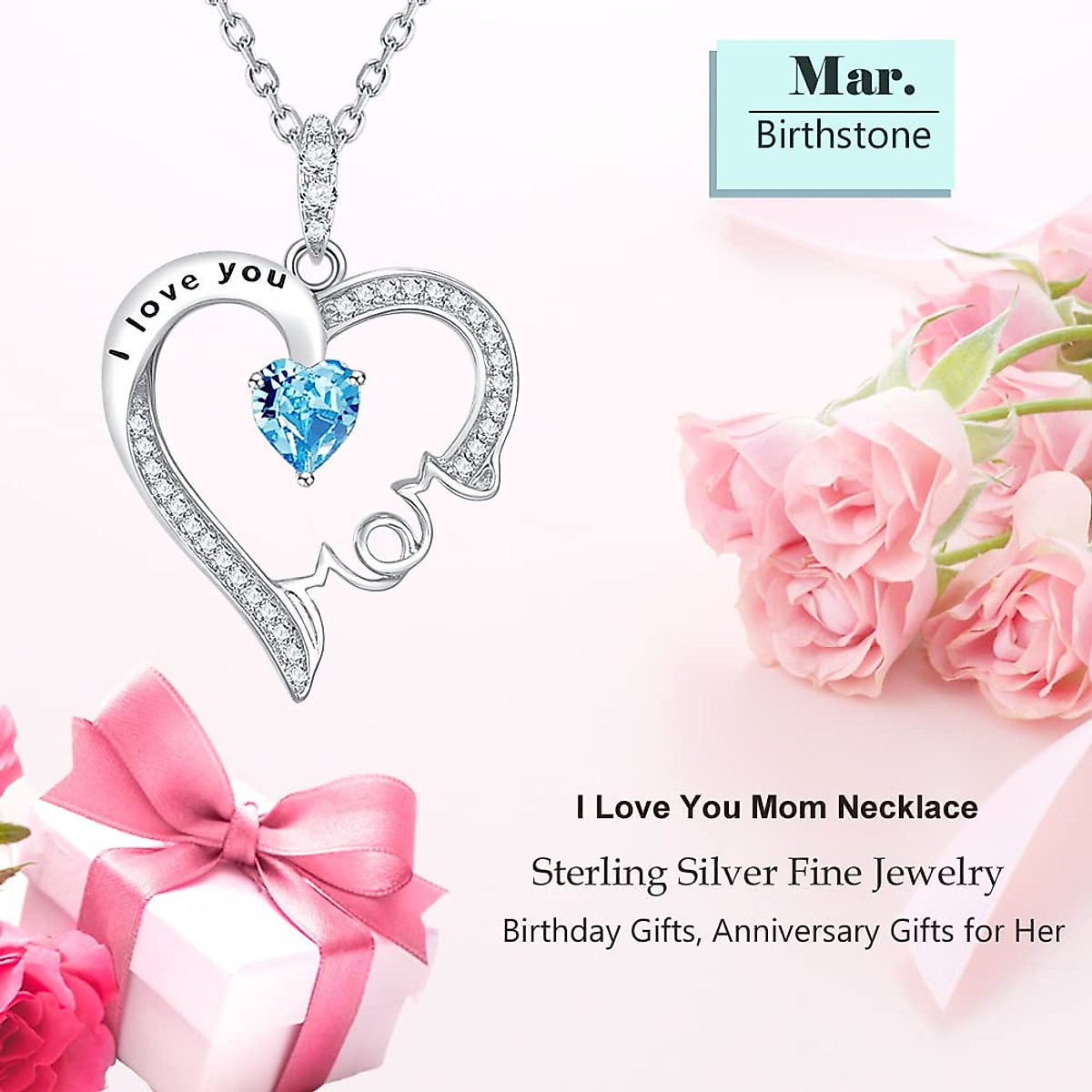 March Birthstone Jewelry for Her Birthday Gifts Aquamarine Necklace I Love You Mom Love Heart Pendant Necklace for Mother in Law Sterling Silver
