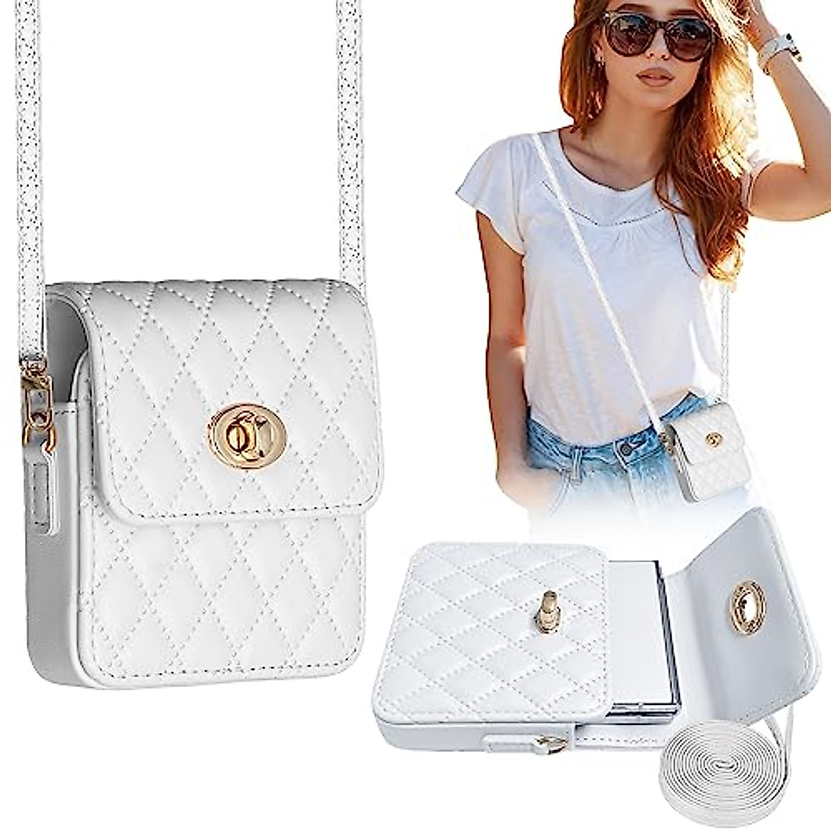 Universal Z Flip Pouch for Galaxy Z Flip5/4/3, with Crossbody Strap Lanyard PU Leather Phone Purses, Women Flip Phone Wallet Case for Galaxy Z Flip Series, Moto 40Ultra and More Flip Phone - White
