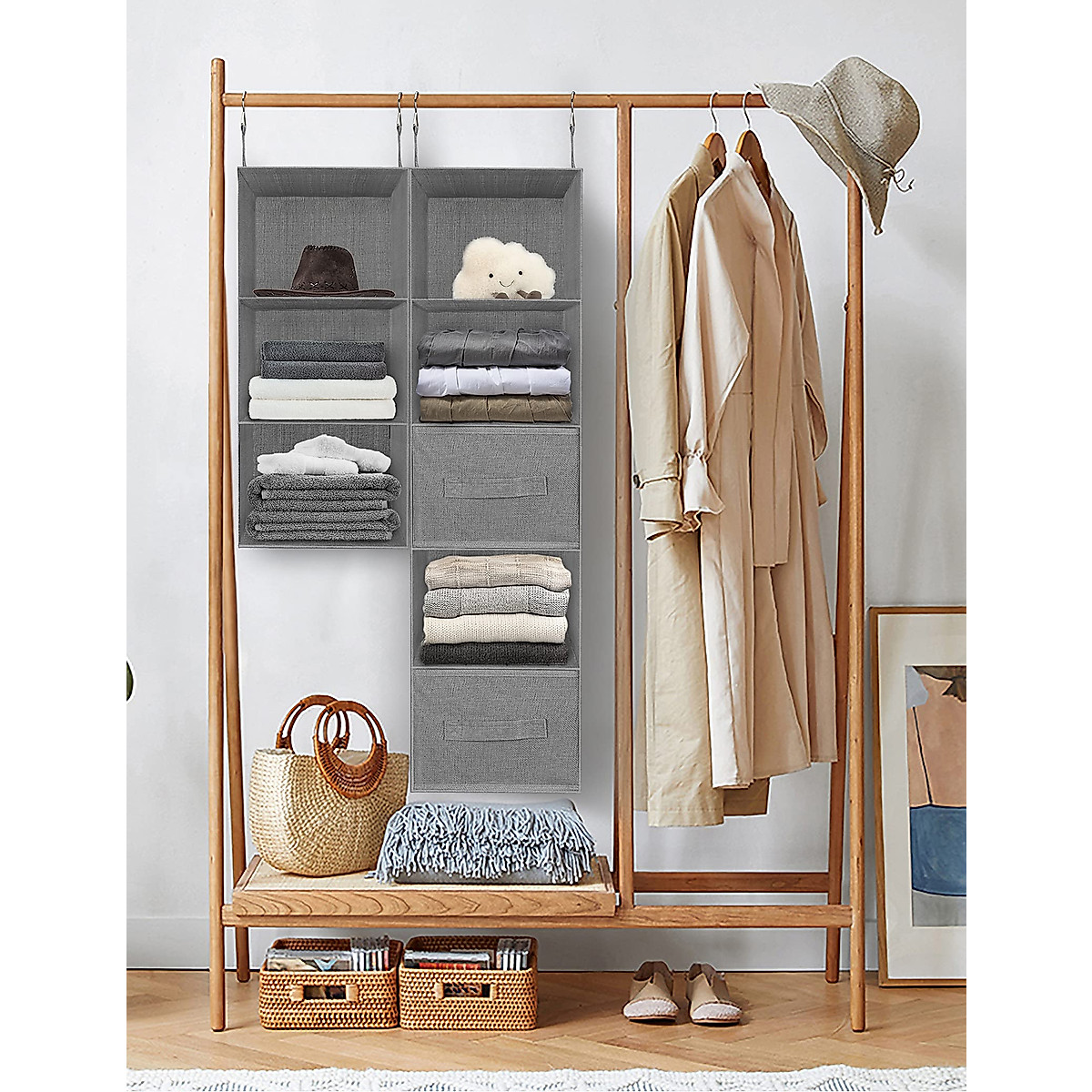 8-Shelf Hanging Closet Organizer with 2 Drawers, 3-Shelf and 5-Shelf Separable Closet Hanging Organizer,Fabric Cloth Hanging Shelf with 2 Sturdy Hooks for Home Clothes Toy Storage, Gray