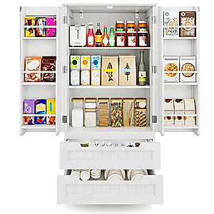 Gizoon 47" Kitchen Pantry Storage Cabinet with Drawers Freestanding Bathroom Storage Cabinets with Doors and Shelves, Small Food Pantry Cabinet for Dining Room Craft Room, White