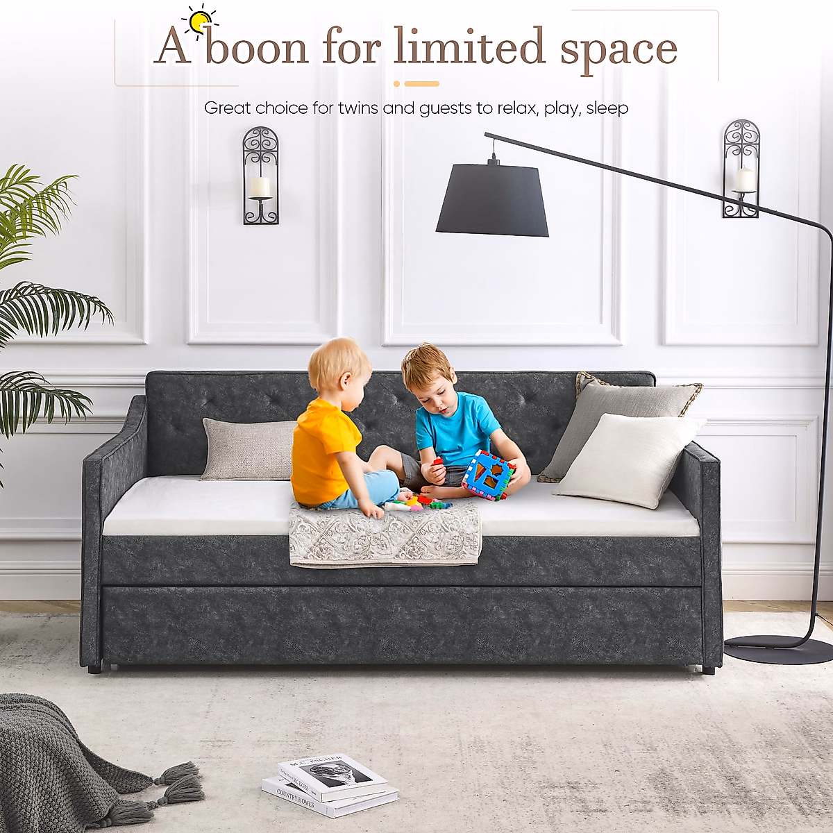 Antetek Daybed with Trundle, Fabric Upholstered Twin Size Day Bed Pull-Point Sofa Daybed Frame w/Twin Roll-Out Trundle, No Box Spring Needed, Furniture for Bedroom, Living Room, Guest Room, Grey