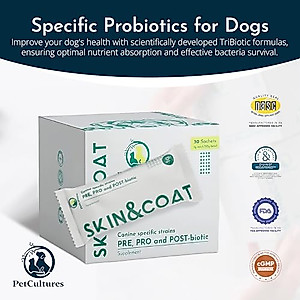 PetCultures PRO Skin & Coat Supplement for Dogs with Fish Oil & Salmon Oil, Omega 3 Dog Supplement Powder with PRE, PRO, & Post-biotics, 30 Dog Skin Allergy Relief Packs (Skin and Coat)