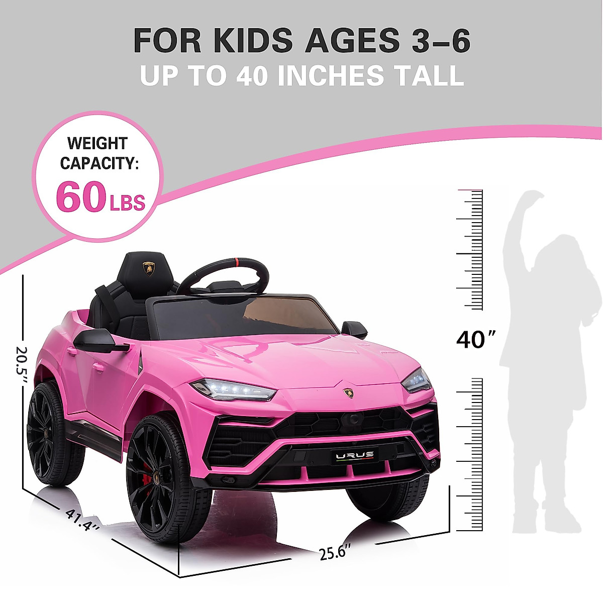 Rock Wheels Licensed Lamborghini Urus Ride On Truck Car Toy, 12V Battery Powered Electric 4 Wheels Kids Toys w/Parent Remote Control, Foot Pedal, Music, Aux, LED Headlights, 2 Speeds (Pink)