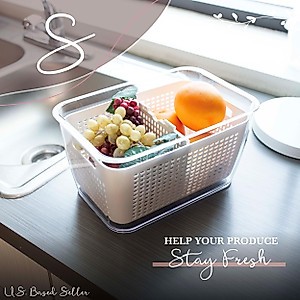 Spec101 Plastic Food Storage 10in - Kitchen Strainer Container with Lid, Large Fridge Containers for Fruits, Vegetables