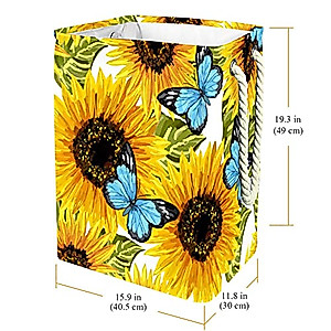 Inhomer Hand Painted Sunflowers Blue Butterfly Large Laundry Hamper Waterproof Collapsible Clothes Hamper Basket for Clothing Toy Organizer, Home Decor for Bedroom Bathroom