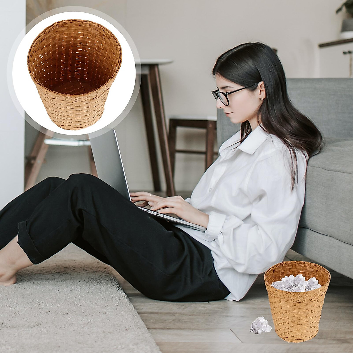 DEARMAMY Wicker Trash Can - Woven Wicker Waste Basket Round Rattan Waste Paper Bin Office Garbage Can Rubbish Basket Laundry Hamper for Kitchen Home Office