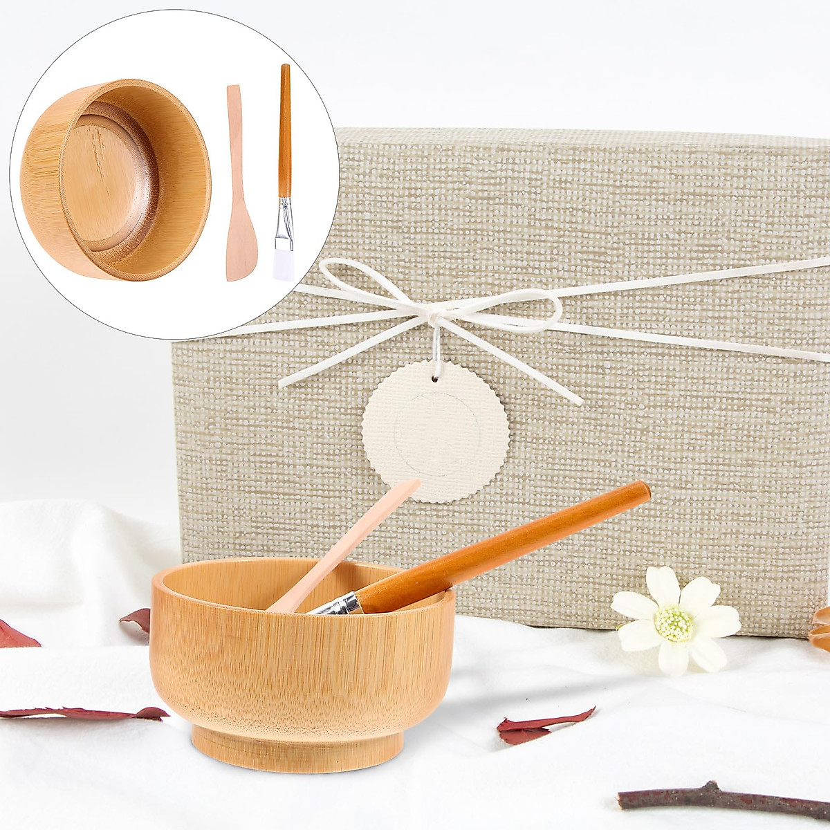 FOMIYES Face Mask Mixing Bowl Set , 3Pcs Wood DIY Tool Kit with Facial Mask Bowl Stick Spatula Makeup Brush for Girls Ladies Women