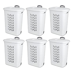 Sterilite Rectangular Plastic Slim Laundry Hamper Basket Bin with Wheels, Lift Top, and Pull Handle for Easy Transportation, White, 6 Pack