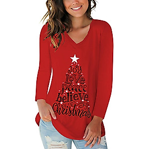 Womens VNeck Christmas Shirt Holiday Shirts Letter Print T-Shirt Tunic Tops XXL