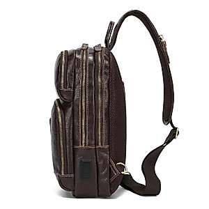 LANNSYNE Full Grain Leather Sling Bag For Men Crossbody Chest Daypack fits 10.5" iPad