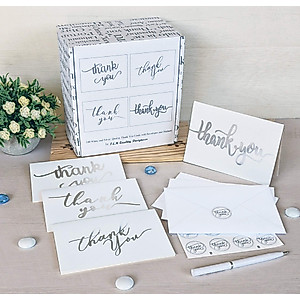 100 Thank You Cards in White with Envelopes & Stickers - Elegant 4 Designs Bulk Notes Embossed with Silver Foil Letters for Wedding, Formal, Business, Graduation, 4x6 Inch Thick Card Stock