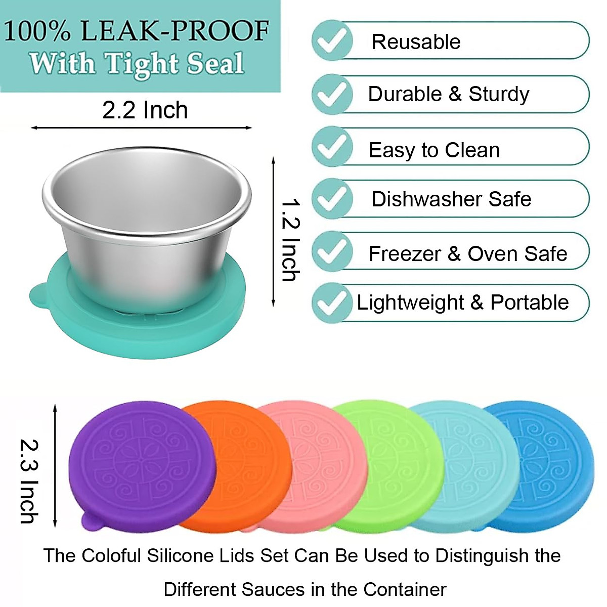 IJDD 6 Pack Salad Dressing Container To Go 2.4oz Small Condiment Containers with Leakproof Silicone Lids Reusable Stainless Steel Sauce Cups for Office Lunch Bento Box Picnic Meal Prep Travel Party