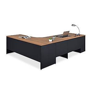 NBF L Shaped Executive Office Desk - Durable Laminate Computer Desk with Three Drawers - Modern Desk with Storage and File Cabinet - 72" Wx 96" D Work Desk for Working Home (Gray, Maple)