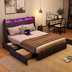 SADENICEL Full Size Bed Frame with Storage Headboard and 4 Drawer, Metal Full Bed Frame Platform with LED Light, Charging Station, No Box Spring Needed, Noise Free, Easy Assembly, Grey