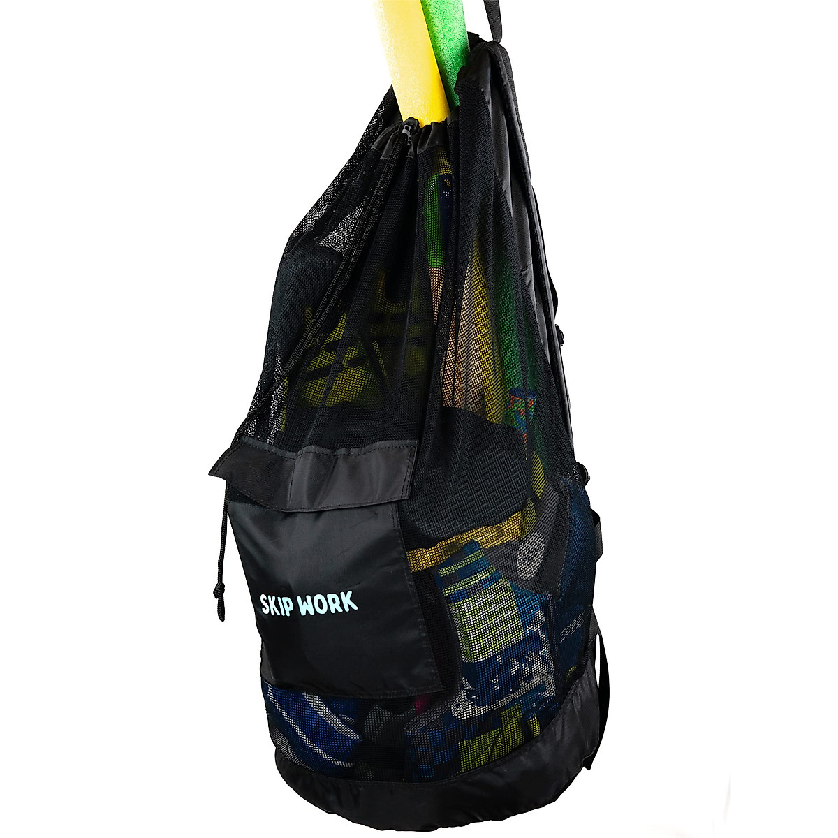 Skip Work Extra Large Mesh Beach Bag with Drawstring Accessory Bag – Multipurpose Beach Tote Bag with Zipper and Pockets for Keeping All Essentials Handy – Black