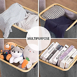 Mindore Laundry Hamper with Lid,60L Collapsible Laundry Basket with Bamboo Handles,Portable Clothes Hamper for Dorm Room, Bathroom, Bedroom,Grey Foldable Hamper for Toys, Closet, Clothing
