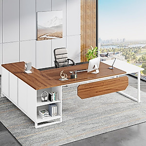 Tribesigns 70.8" Executive Desk with 55" File Cabinet, Modern L Shaped Computer Desk with Storage Shelves and Cabinet, Large L Shaped Executive Desk for Home Office, Walnut & White
