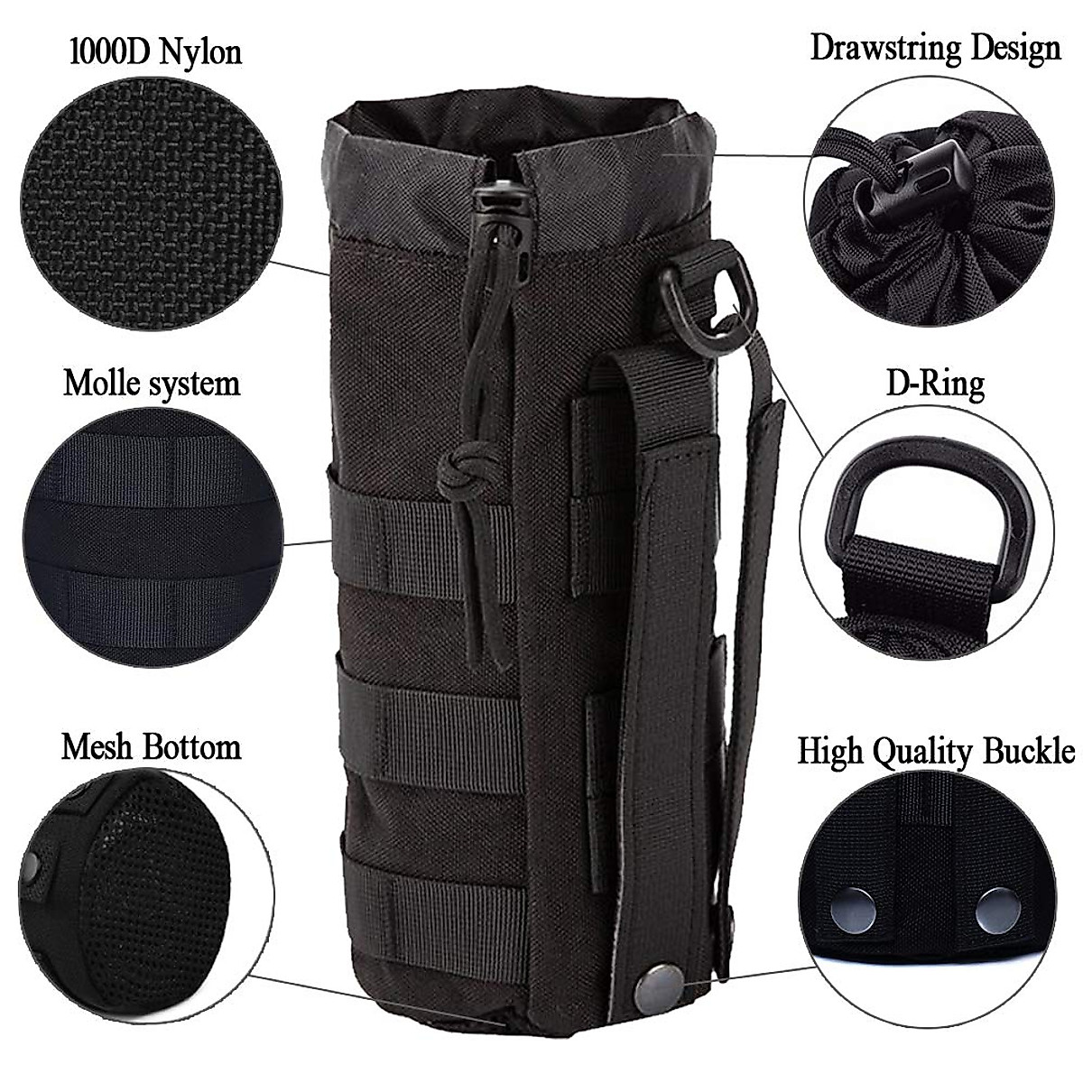 Novemkada Water Bottles Pouches - 1000D Tactical Molle Drawstring 32OZ Hydration Carrier Bag (Black+Green)