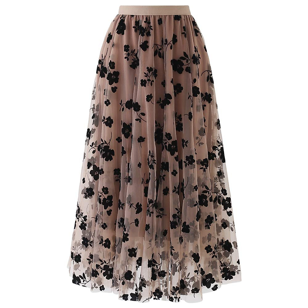 CHICWISH Women's Caramel 3D Posy Double-Layered Mesh Midi Skirt, Size L-XL