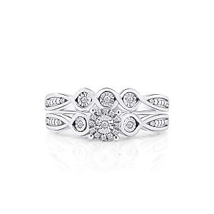 AFFY 1/10 ctw Round White Natural Diamond Set Ladies Engagement Wedding Bridal Ring Set In 14k White Gold Plated Sterling Silver (I-J / I2-I3, 0.10 ctw) Size-10