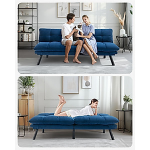 Velvet Convertible Futon Sofa Bed, 71" Comfy Loveseat Sleeper Sofa with Adjustable Backrest Armrest, Strengthen Wood, Thick Padded Cushion, Small 2 Seater Futon Couch for Living Room,Bedroom (blue)