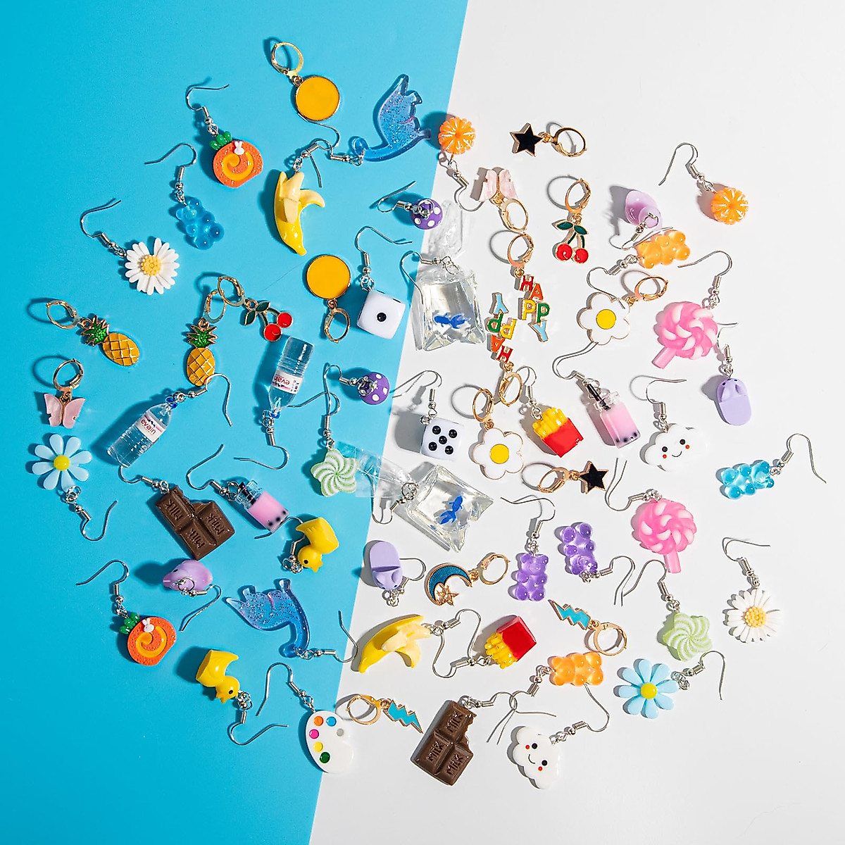 35 Pairs Cute Fun Earrings Weird Aesthetic Kawaii Funny Indie Unique Cool Star Moon Earrings for Women Gummy Bear Duck Mushroom Fruit Food Flowers Boba Goldfish Earrings Bulk