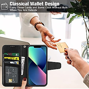 Lugege Compatible with iPhone 13 Case Wallet Flip Folio Case [Kickstand] with RFID Blocking Card Holders [Shockproof] and Wrist Strap Phone Cover Black