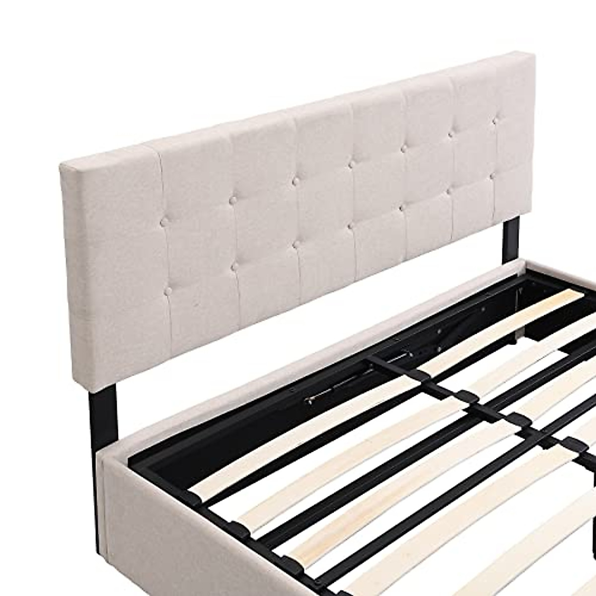 Contemporary Linen Upholstered Platform Bed Mattress Foundation w/Button Tufted Headboard&Slats for Adult,Low Panel Bedframe w/Gas Lift up Storage Space&Wooden Slats,No Box Spring Needed (Beige,Queen)