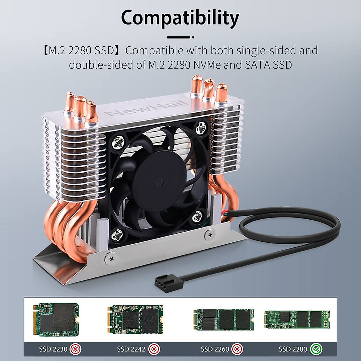 NewHail 12V M.2 2280 SSD Heatsink with 40mm PWM Cooling Fan, Copper Heat Pipes and Thermal Pad, SSD Cooler for M.2 2280 NVMe & SATA SSD Only