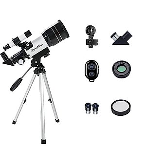 Telescope, 70mm Aperture (15X-150X) Portable Refractor Telescopes for Adults/Astronomy Beginners，300mm Professional Travel Telescope with Smartphone Adapter, Wireless Remote, Sun Filter-White-L