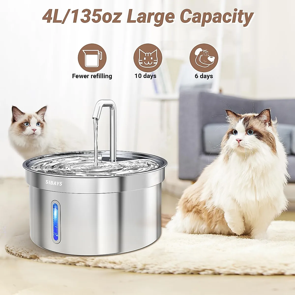SIBAYS Cat Water Fountain Stainless Steel, 135oz/4L Automatic Pet Fountain for Cats, Dog Water Bowl Dispenser with Water Level Window & LED Water Reminder