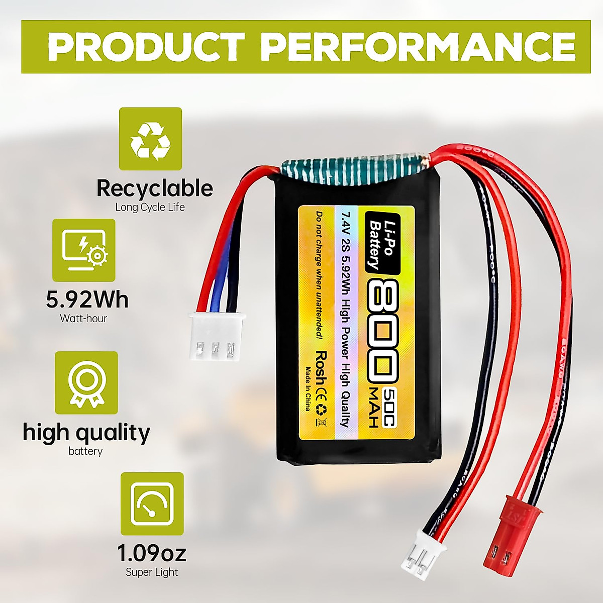 sea jump 7.4V LiPo 2S 50C 800mAh with JST and PH2.0 Plug with USB Charging Cable for SCX24 RC Car Battery, Bompatible with Most 1/10, 1/16, 1/18, 1/24 Scale RC car, Truck and RC Drone Batteries