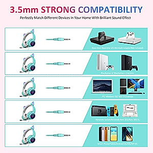 VIGROS Cat Ear Gaming Headphones Wired AUX 3.5mm LED Light, Noise Canceling Game Headphones Stereo Foldable Over-Ear Headsets with Microphone Fit Girls, Kids for PC, PS4, Switch, Xbox, Mobile, Laptop