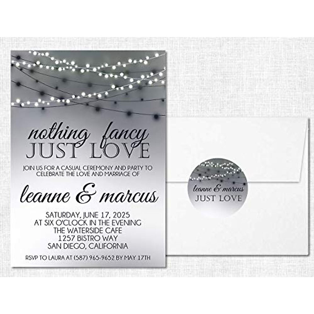 Casual Backyard Wedding Inviations, Set of 10 - Bistro Light Inspired Wedding Invitations With Envelopes