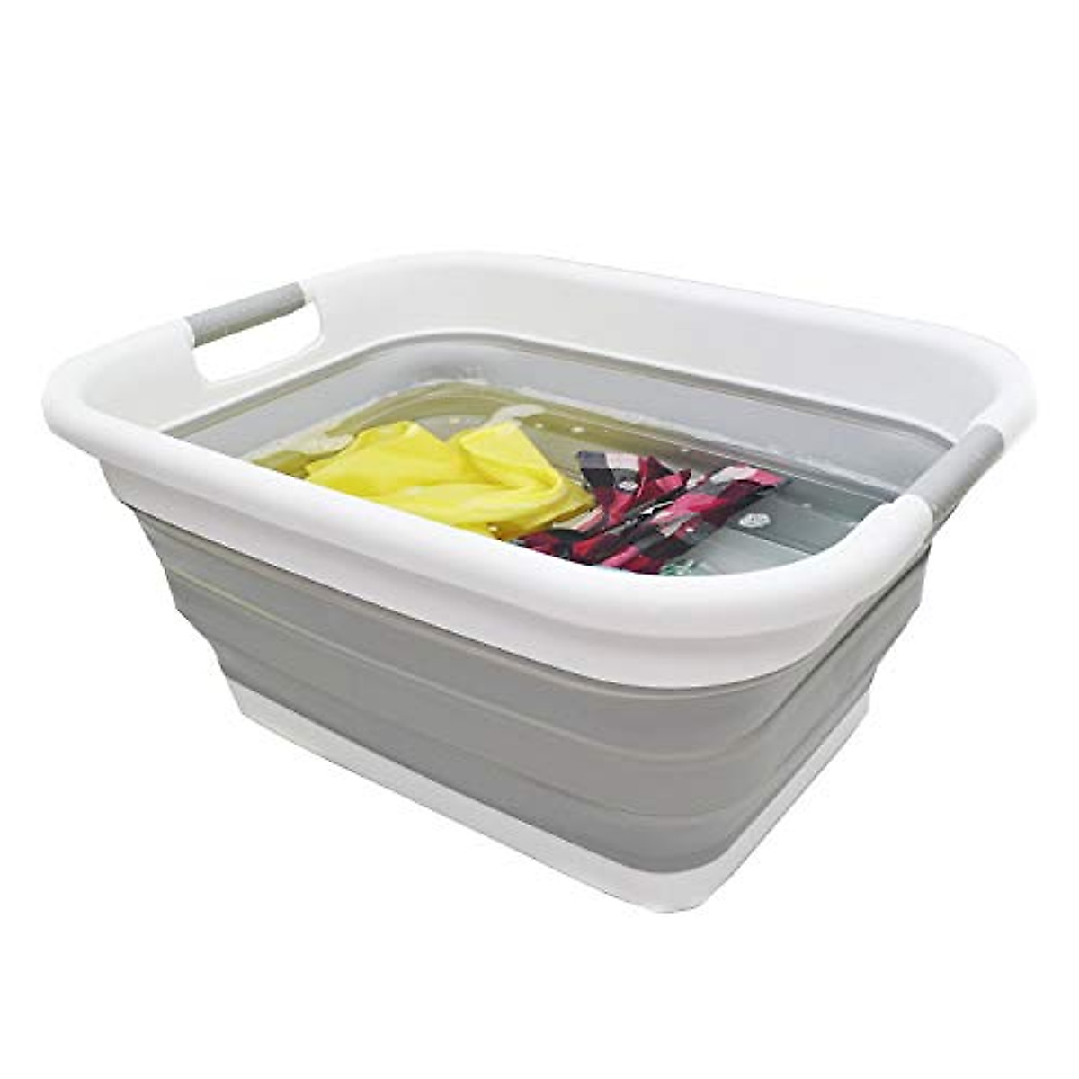 SAMMART 41L Set of 2 Collapsible Plastic Laundry Basket - Foldable Pop Up Storage Container/Organizer - Portable Washing Tub - Space Saving Hamper/Basket (2, White/Grey)