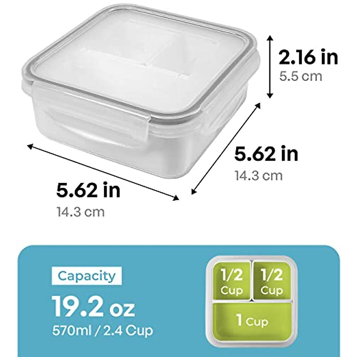 carrotez Food Storage Containers, 3 Compartment Portion Control Container, Snack Container for Adults, Microwave safe, BPA Free, Reusable, 2.4 Cup (570ml)
