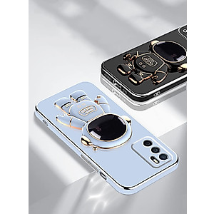 Compatible with Oppo A16 Case with Plating Creative Astronaut Cartoon Holder Pink,Oppo A16s Phone Case Silicone Shockproof Stand Soft TPU Protective Slim Cover (Blue)