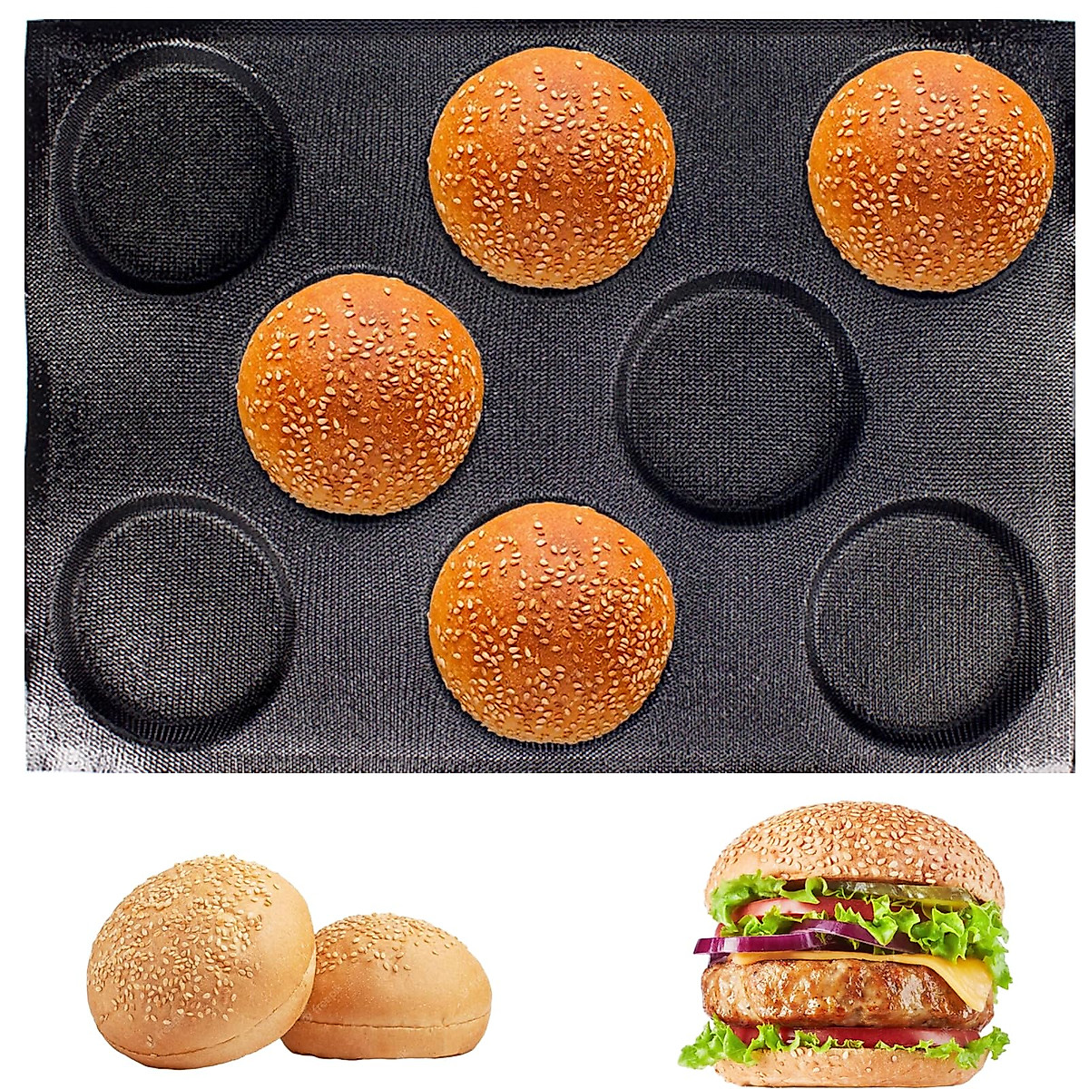 KBTBAK Black Perforated Silicone Hamburger Bun Pan, Non-Stick Baking Pan for Making Buns