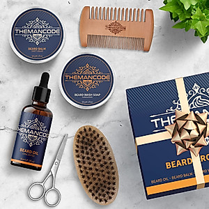 THEMANCODE Beard Grooming Kit w/ Beard Wash Soap, Beard Oil, Beard Conditioner Balm, Beard Brush, Beard Comb, Beard Shaving Scissors, Beard Growth Beard Care Gifts for Men